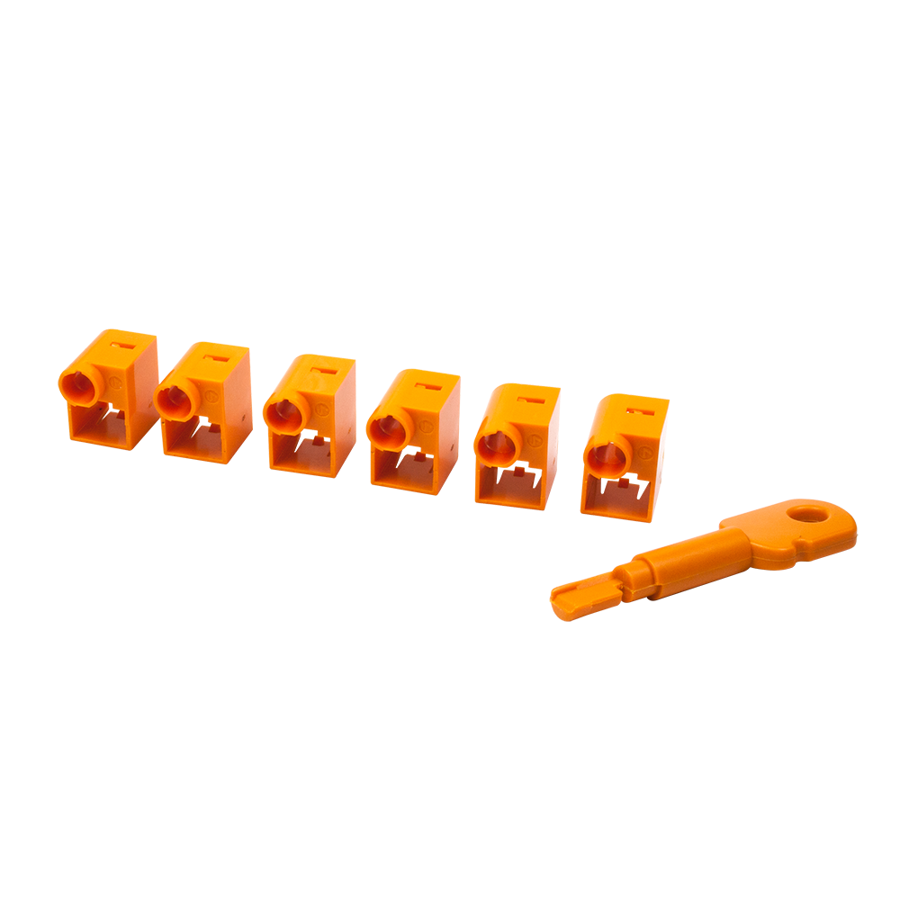 RJ-45 Plug Lock Kit (6 pieces) with a key, orange