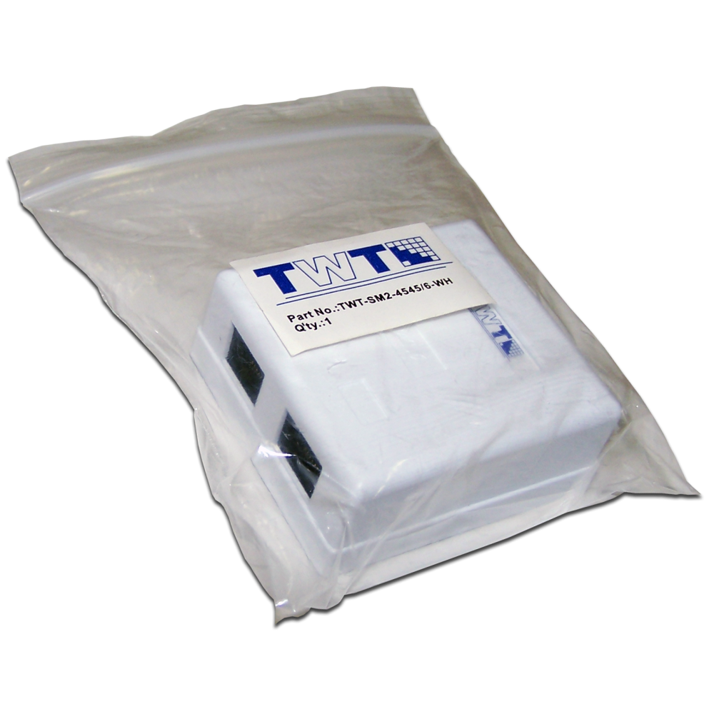 Wall mounting outlet with two RJ-45 category 6 UTP sockets, white