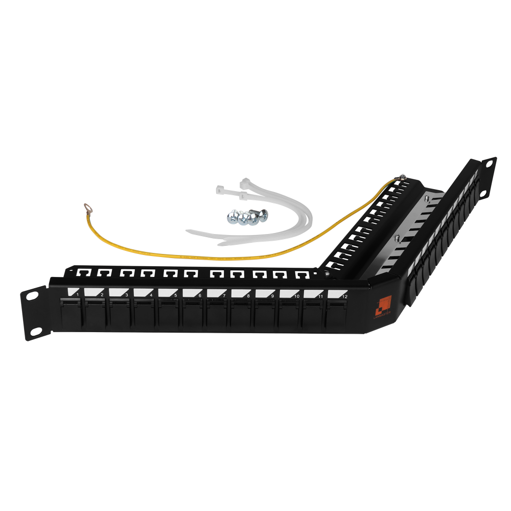 19" modular angled patch panel with shutters, shielded, 24 port, 1U