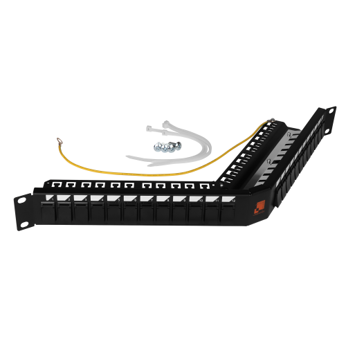 19" modular angled patch panel with shutters, shielded, 24 port, 1U