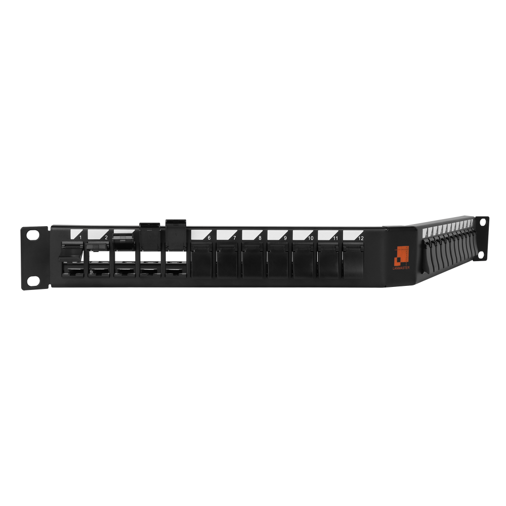 19" modular angled patch panel with shutters, shielded, 24 port, 1U