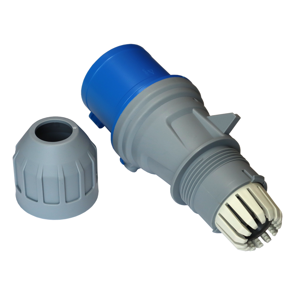 Single-phase IEC 309 plug, male, 32A, 250V, dismountable, blue