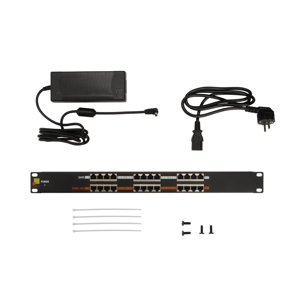 19" PoE panel, 12 port, with one power supply, 48V, 120W