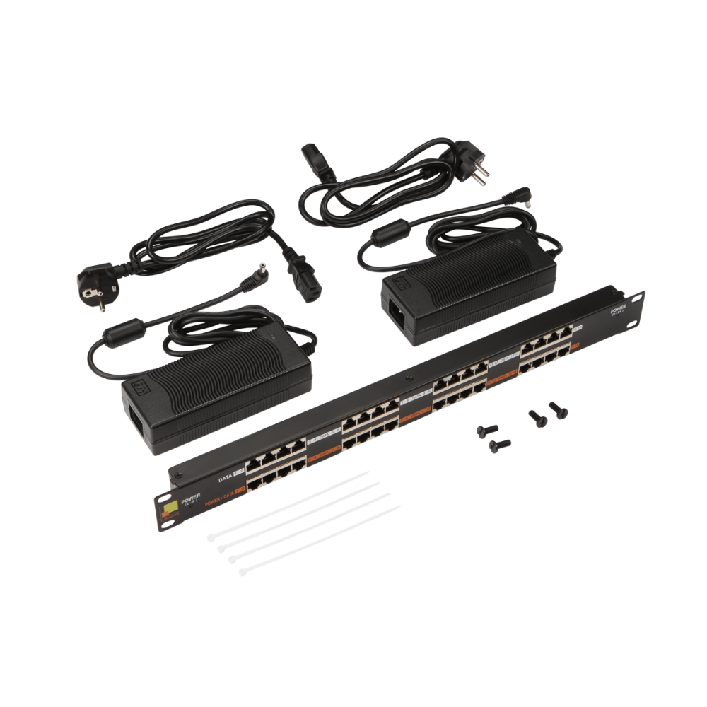 19" PoE panel, 16 port, with two power supplies, 48V, 120W