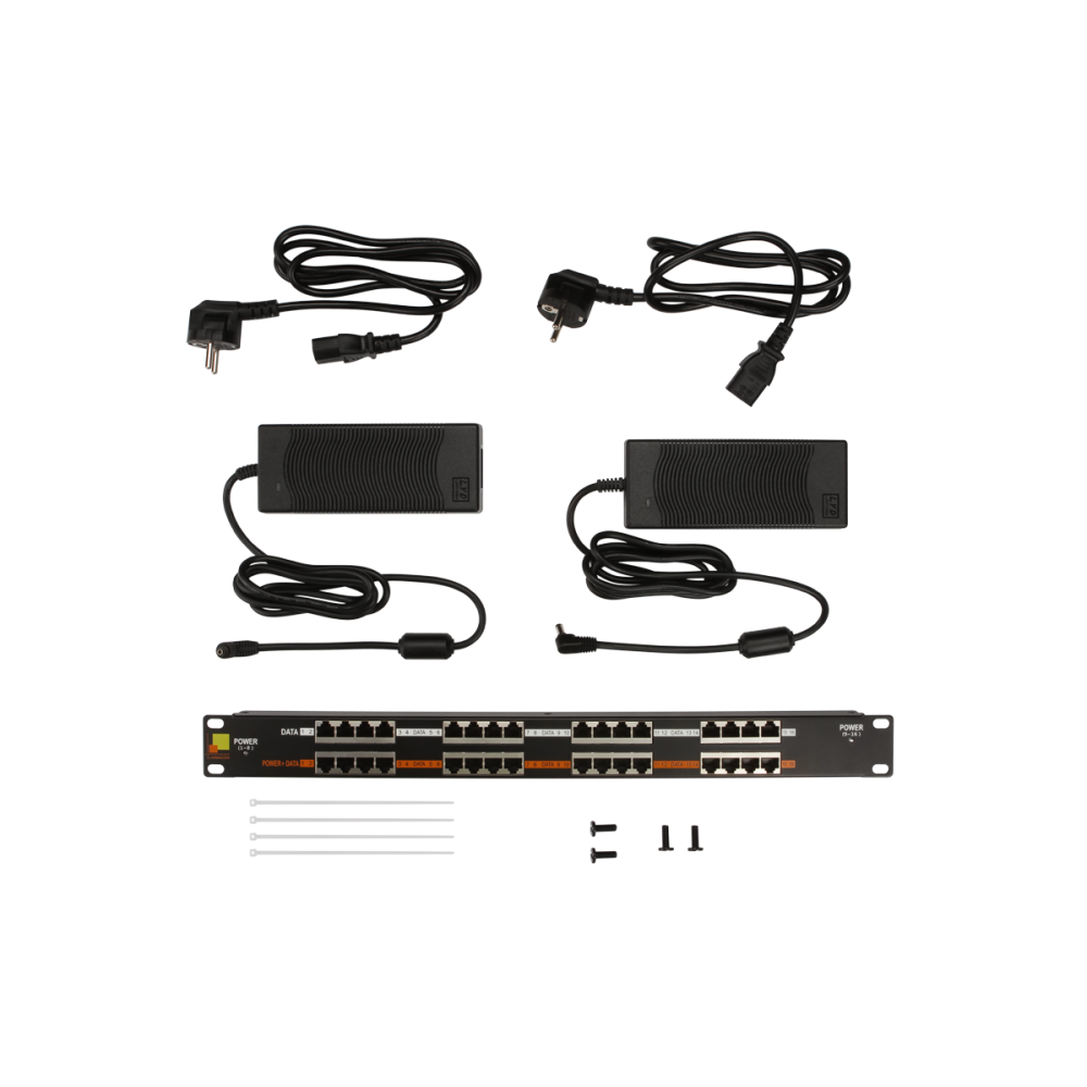19" PoE panel, 16 port, with two power supplies, 48V, 120W