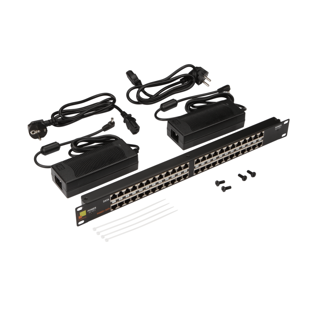 19" PoE panel, 24 port, with two power supplies, 48V, 120W
